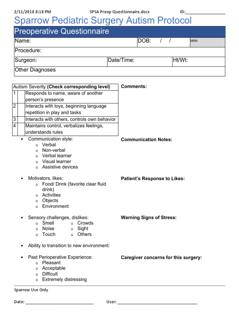 SPSA Preop Questionnaire | PDF
