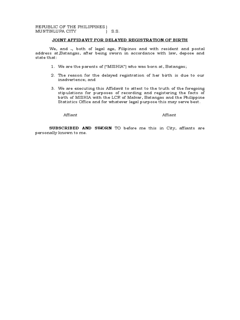 Joint Affidavit For Delayed Registration of Birth | PDF