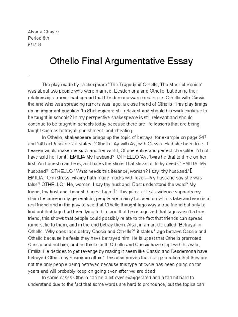 Othello Final Argumentative Essay | PDF | Othello | Iago