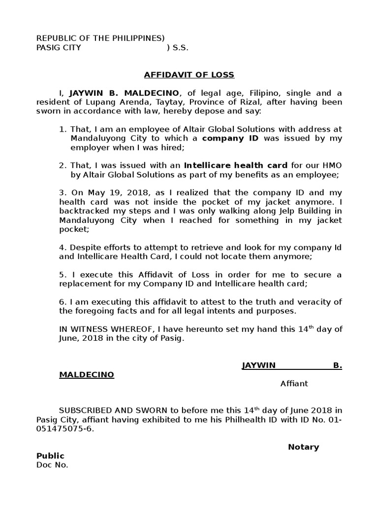 Affidavit of Loss of Company ID and Health Card | PDF