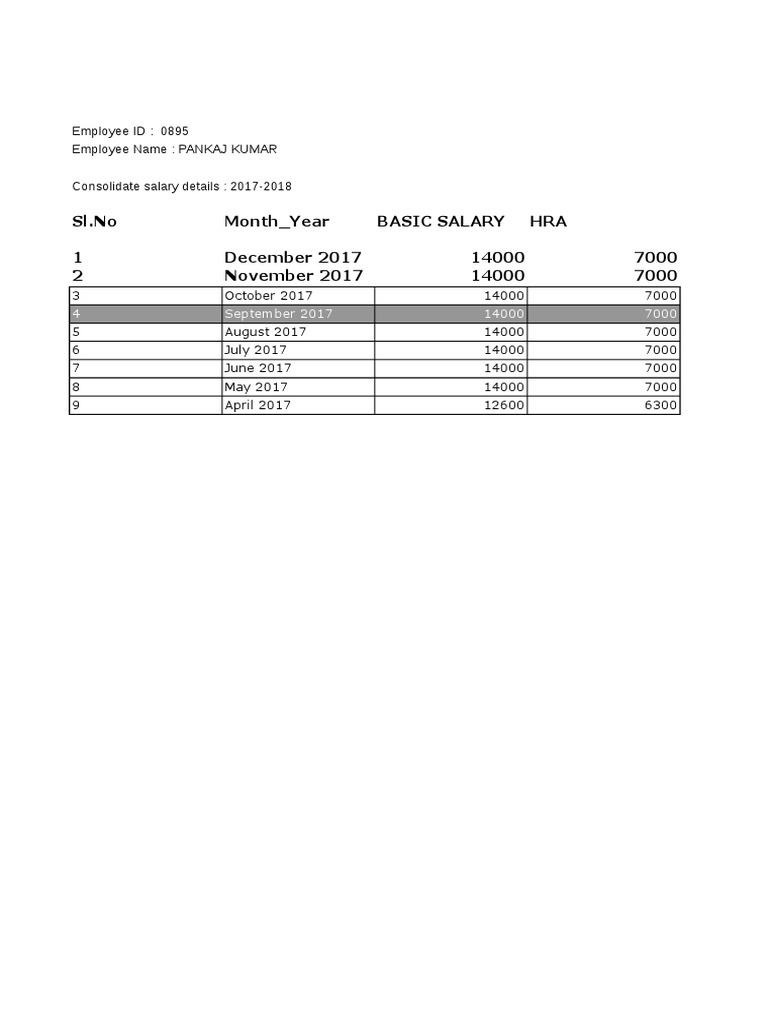 SL - No Month - Year Basic Salary HRA 1 December 2017 14000 7000 2 November 2017 14000 7000 | PDF