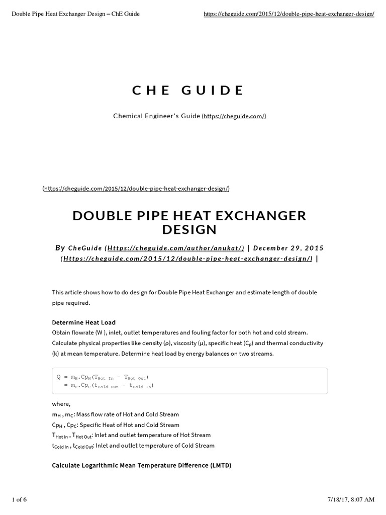 Double Pipe Heat Exchanger Design Che Guide Download Free Pdf