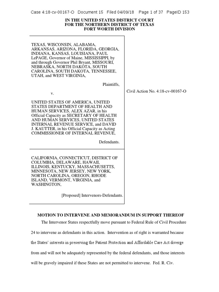 US v. Texas - Motion to Intervene | Patient Protection And Affordable ...