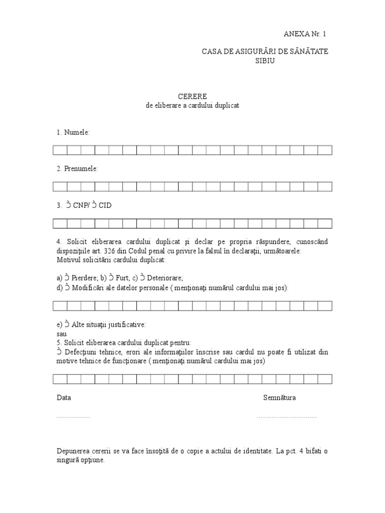Cerere Eliberare Card de Sanatate Duplicat | PDF