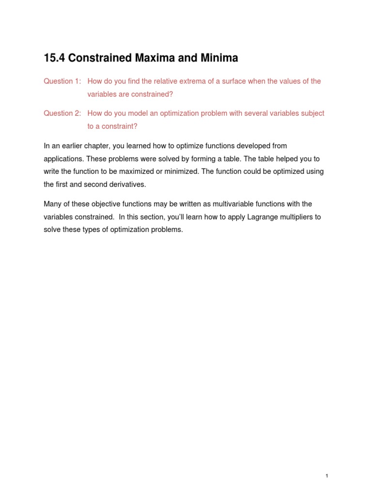 Constrained Maxima and Minima PDF | PDF | Maxima And Minima | Mathematical Optimization