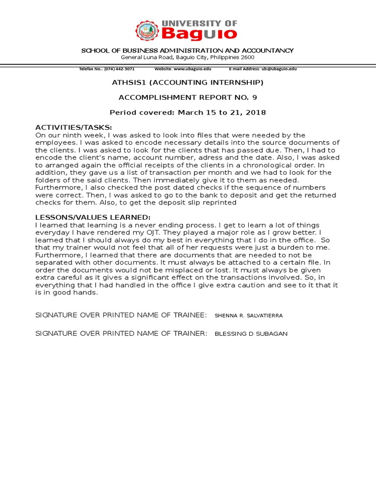 Athsis1 (Accounting Internship) Accomplishment Report No. 9 Period ...