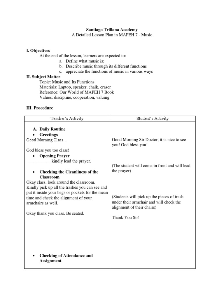 Lesson Plan in Music 7 - Music and Its Functions | PDF | Lesson Plan ...