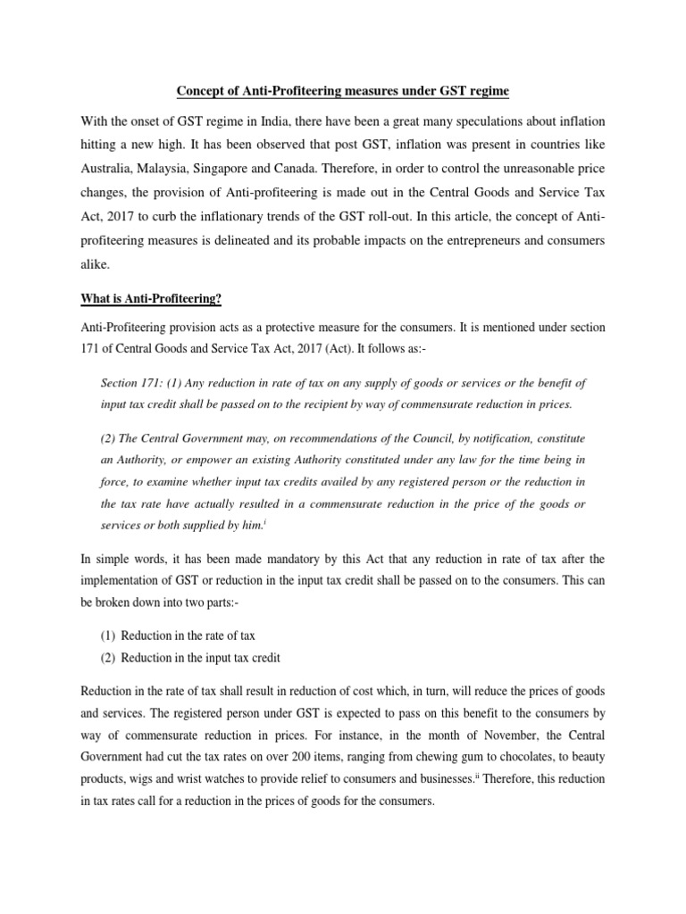 Concept of Anti-Profiteering Measures Under GST Regime | PDF | Taxes ...