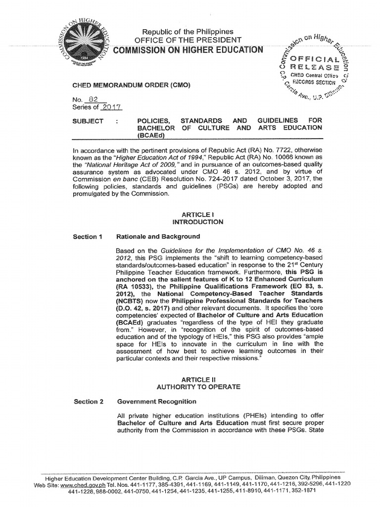 CHED CMO Bachelor in Cultural Education | PDF