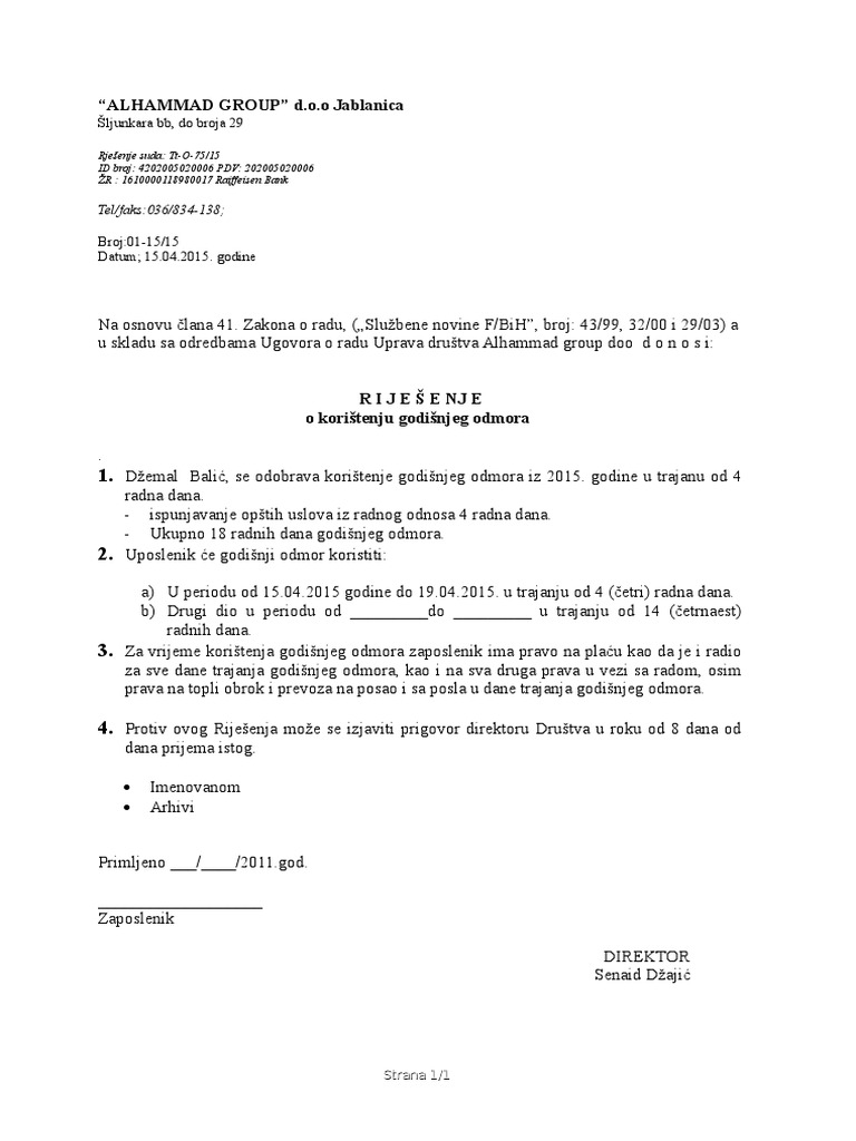 Rjesenje Godisnji Odmor | PDF