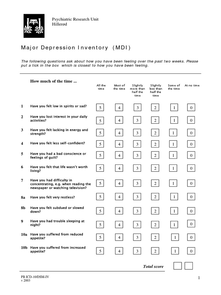 Major Depression Inventory (MDI) Guide | PDF | Major Depressive ...