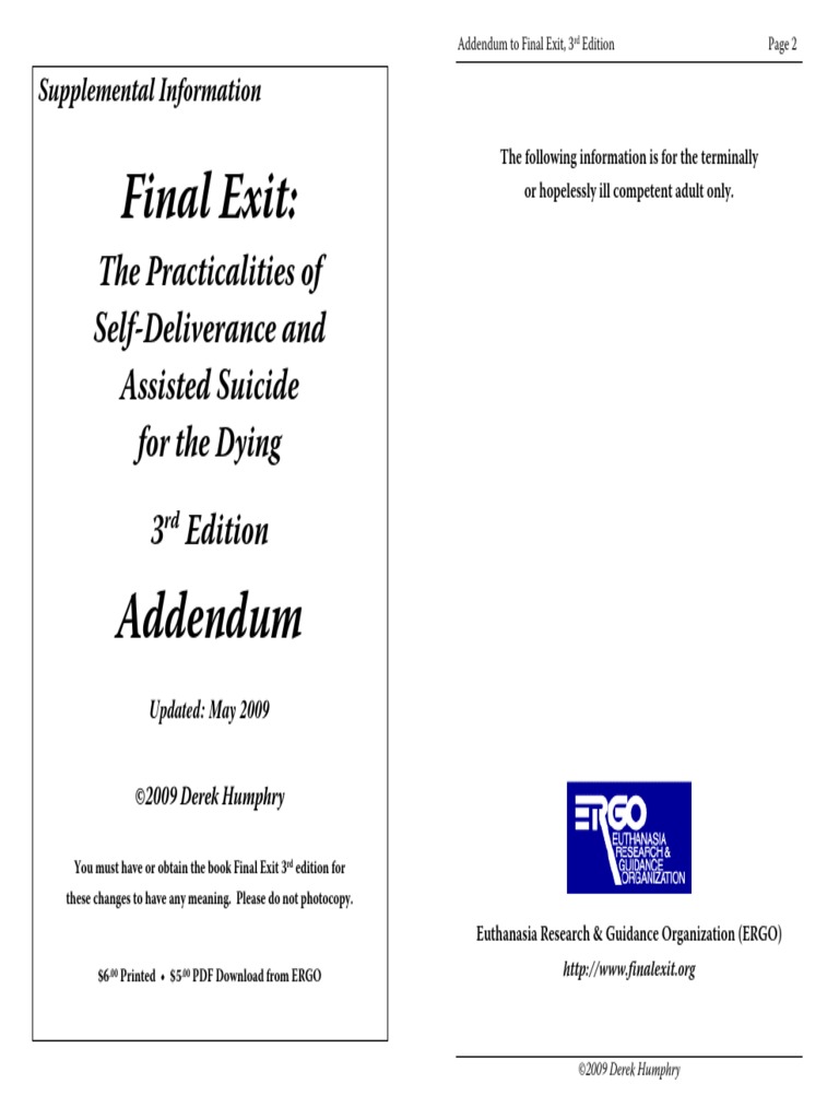 Derek Humphry Final Exit 3rd Edition Addendum 2009 | PDF | Pharmacy ...