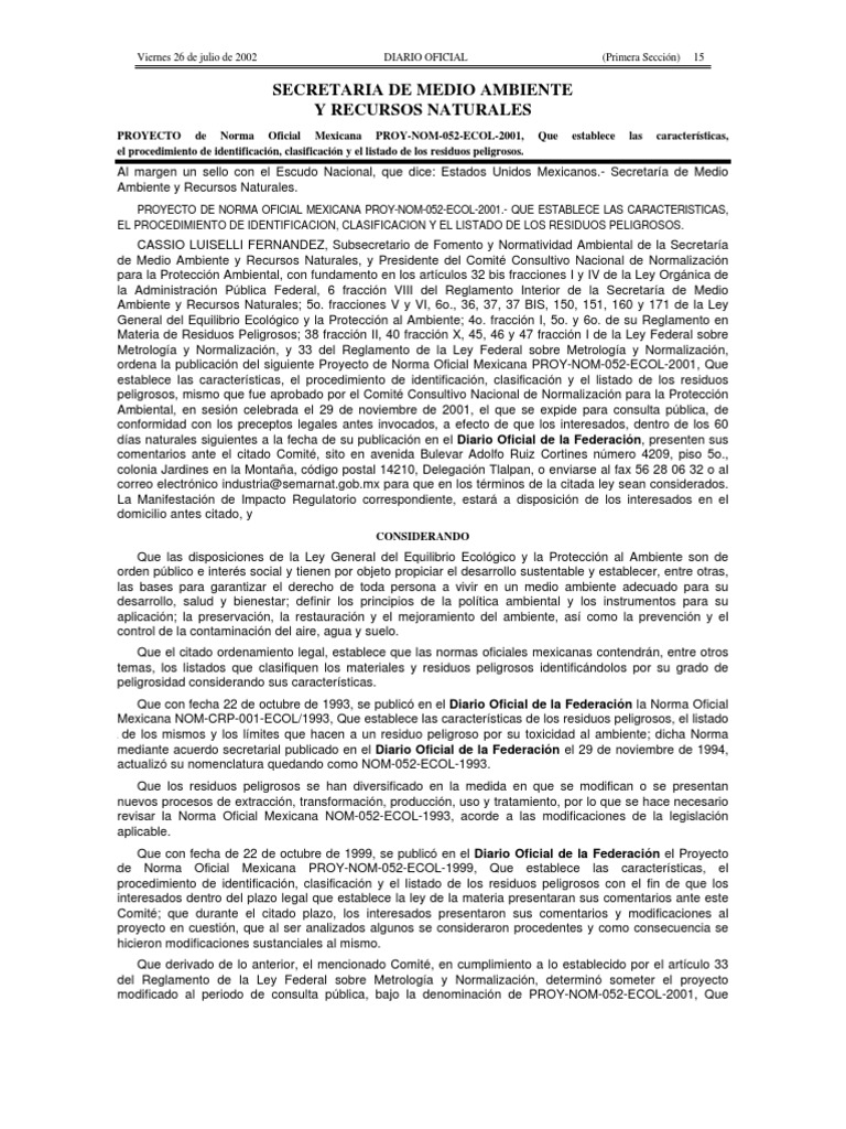 Nom 052 Ecol 2001listado | PDF | Toxicidad | Residuos