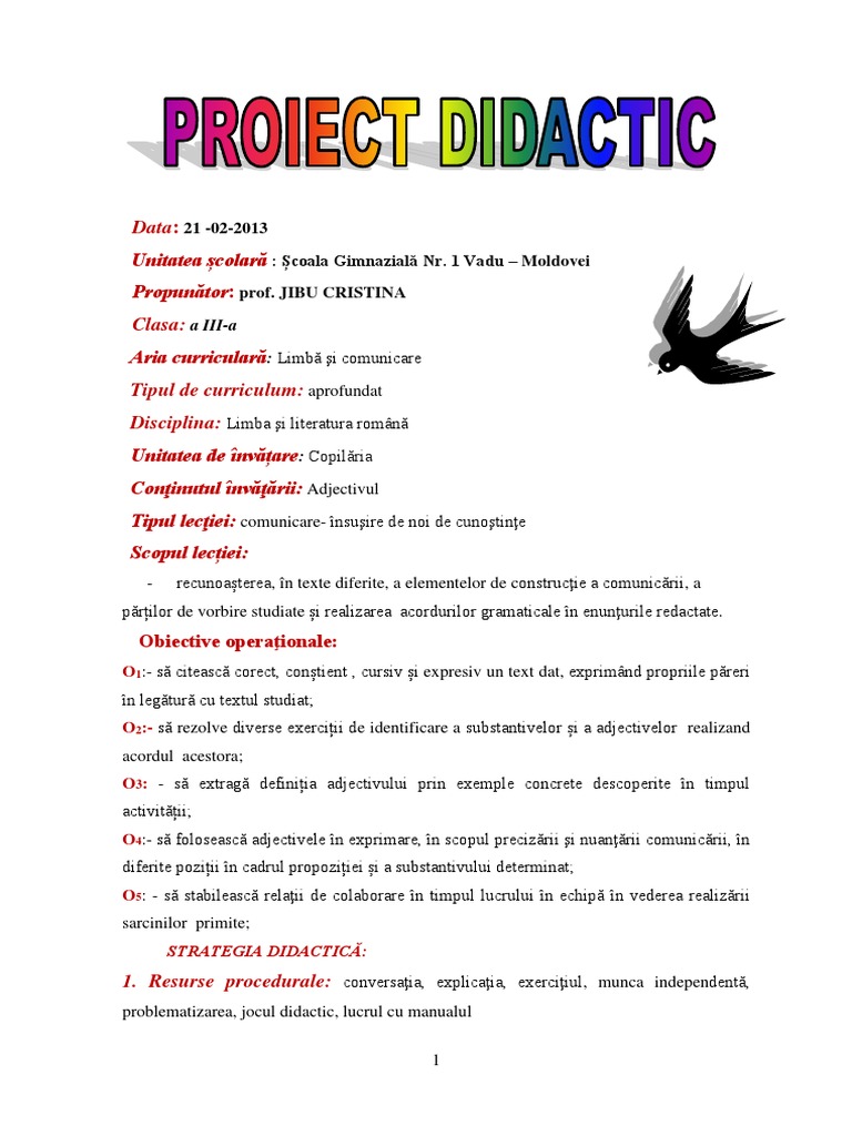 Proiect Didactic Adjectivul | PDF