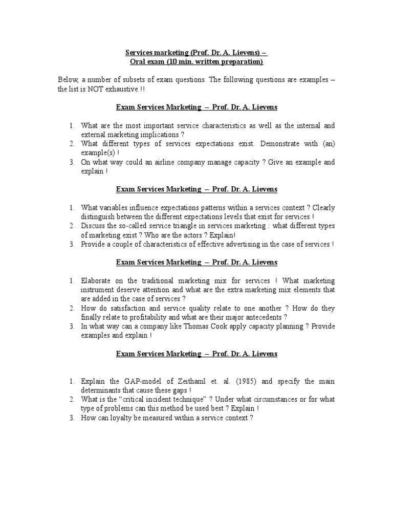 Services Marketing Exam Questions Guide | PDF | Marketing | Business ...