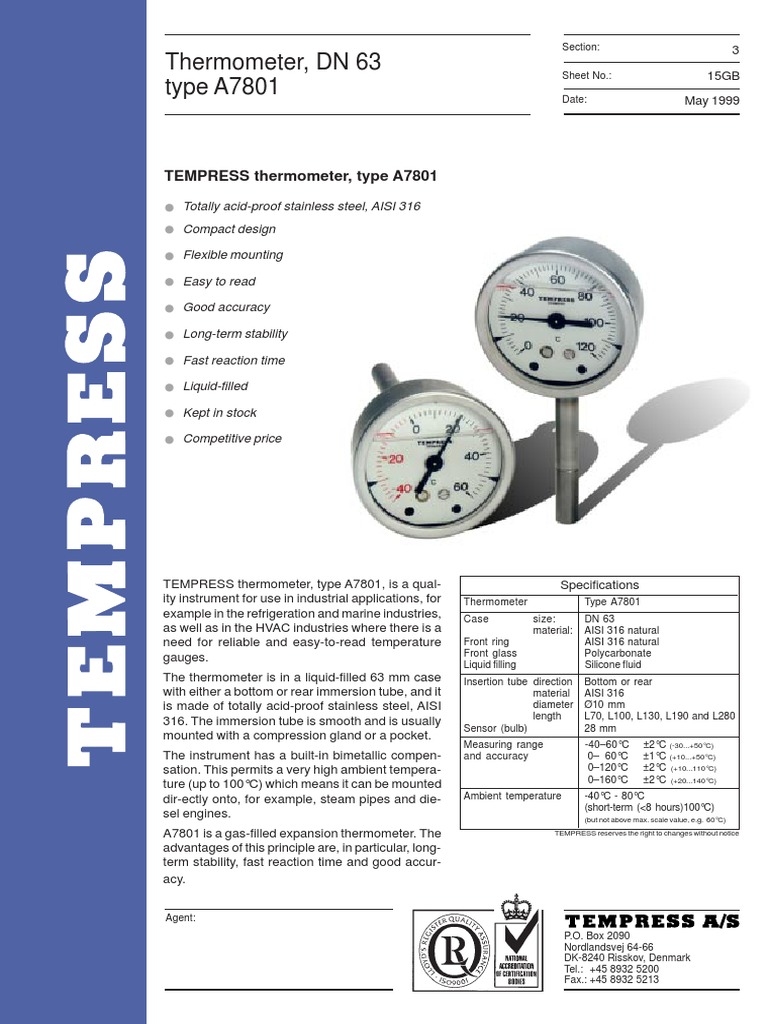Tempress Thermometer A78 01 DN 63 | PDF | Thermometer | Chemistry