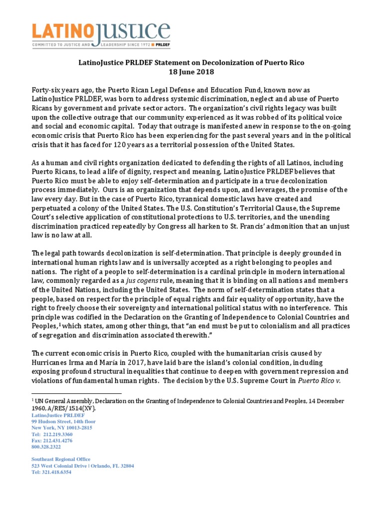 LatinoJustice PRLDEF Statement On Decolonization of Puerto Rico | PDF ...