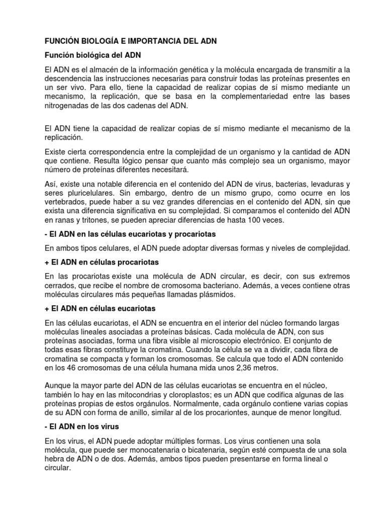Función Biología e Importancia Del Adn | PDF | Adn | Biología Celular)