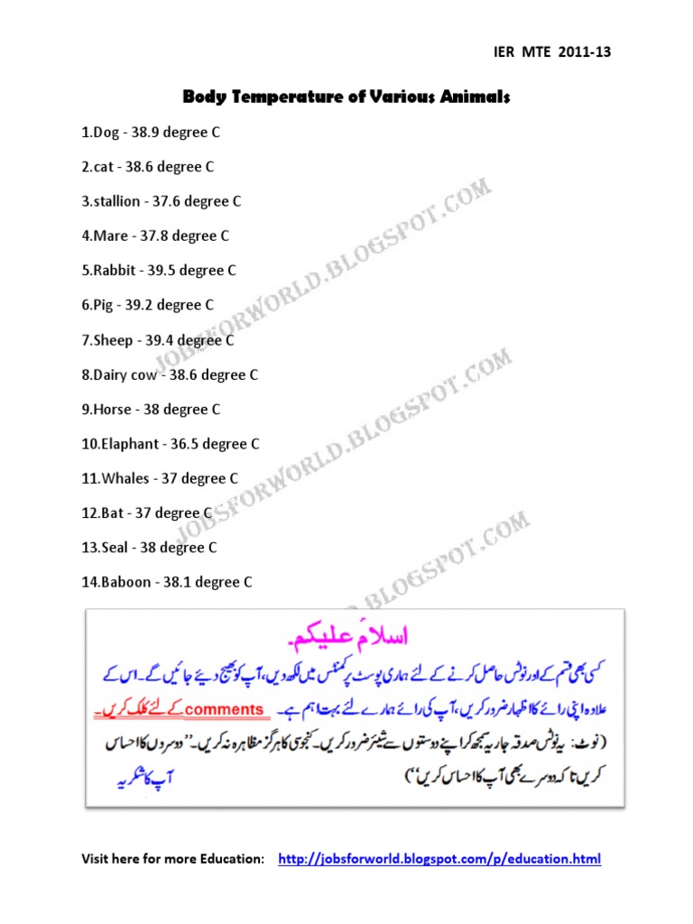 Body Temperature of Various Animals | PDF
