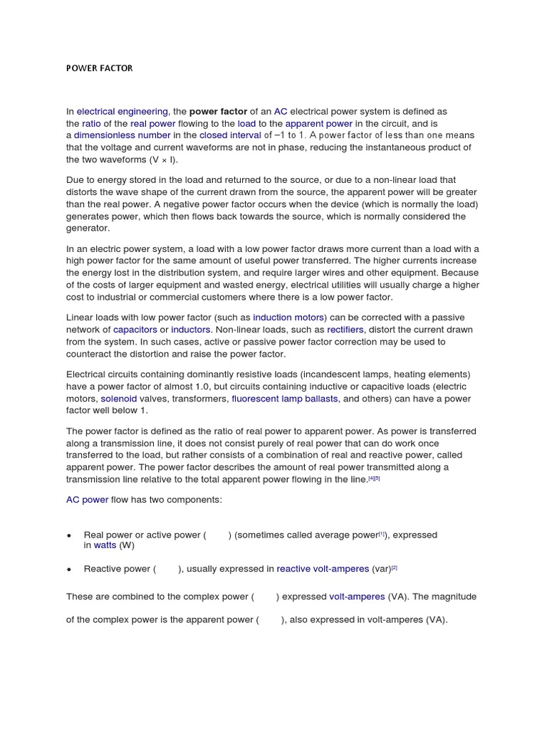 Power Factor: Electrical Engineering AC Ratio Real Power Load Apparent ...