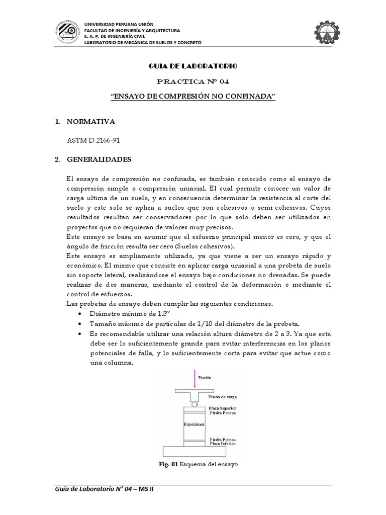 Practica #04 Ensayo de Compresión Simple Lmsii Upeu | PDF | Mecánica de suelos | Laboratorios
