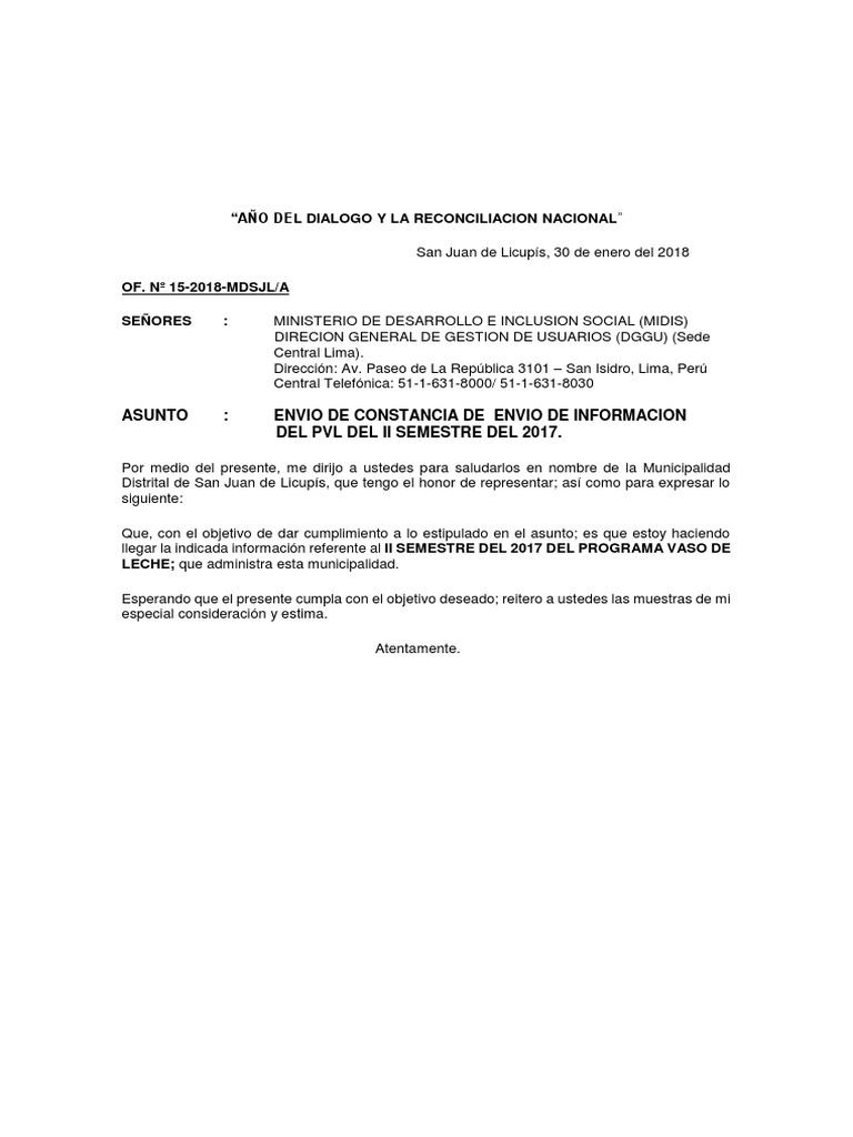 Oficio 06.2018 Constancia de Envo PVL | PDF