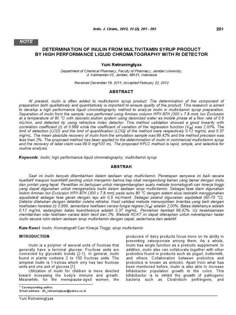HPLC Analysis of Inulin in Syrup | PDF | High Performance Liquid ...