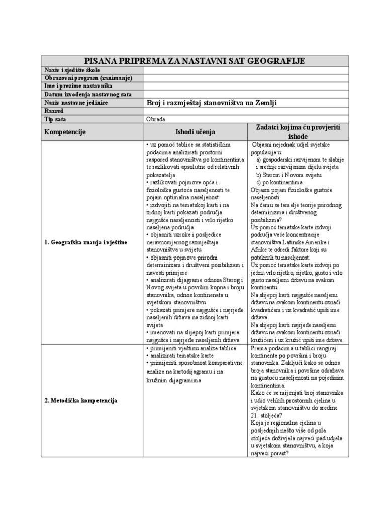 Pisana Priprema Za Nastavni Sat Geografije | PDF