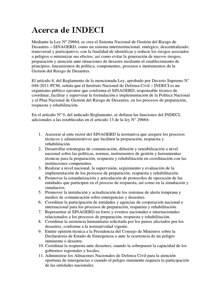 Acerca de INDECI | PDF | Defensa Civil | Bien común
