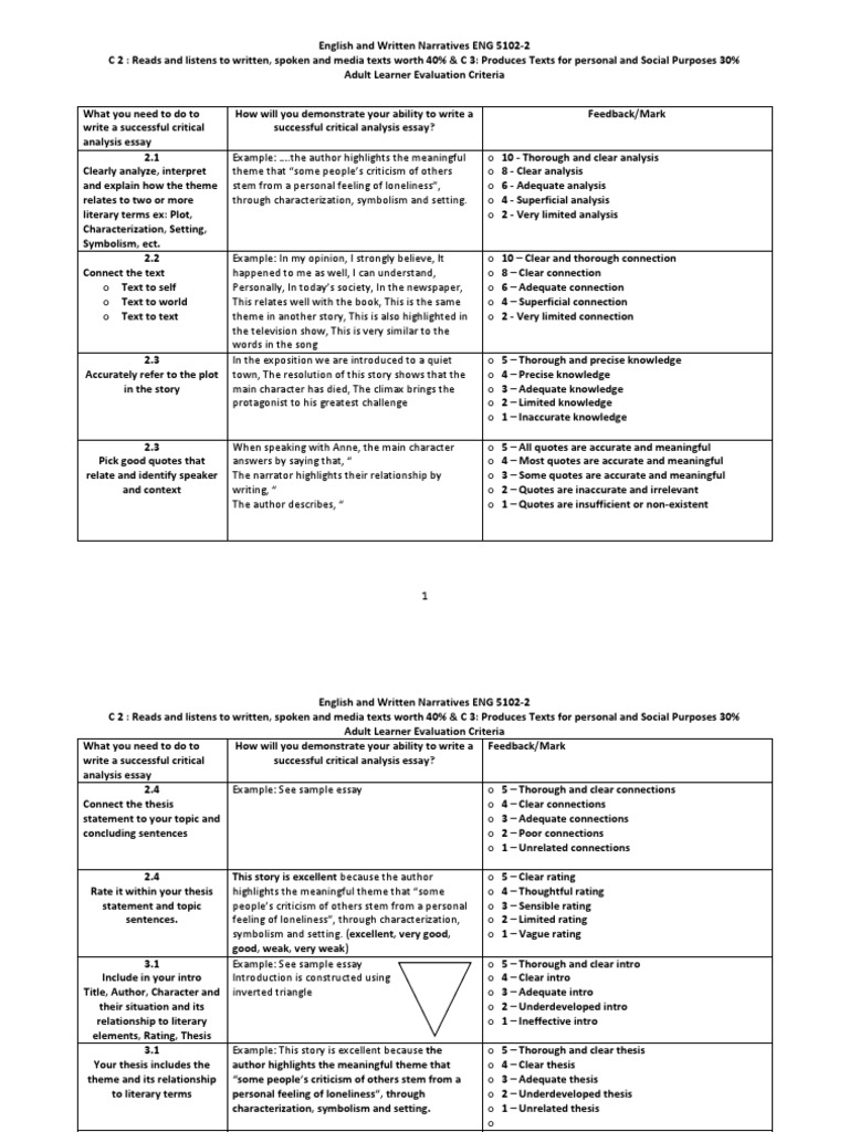 Student Rubric Critical Analysis 5102-2 1 | PDF | Essays | Narrative