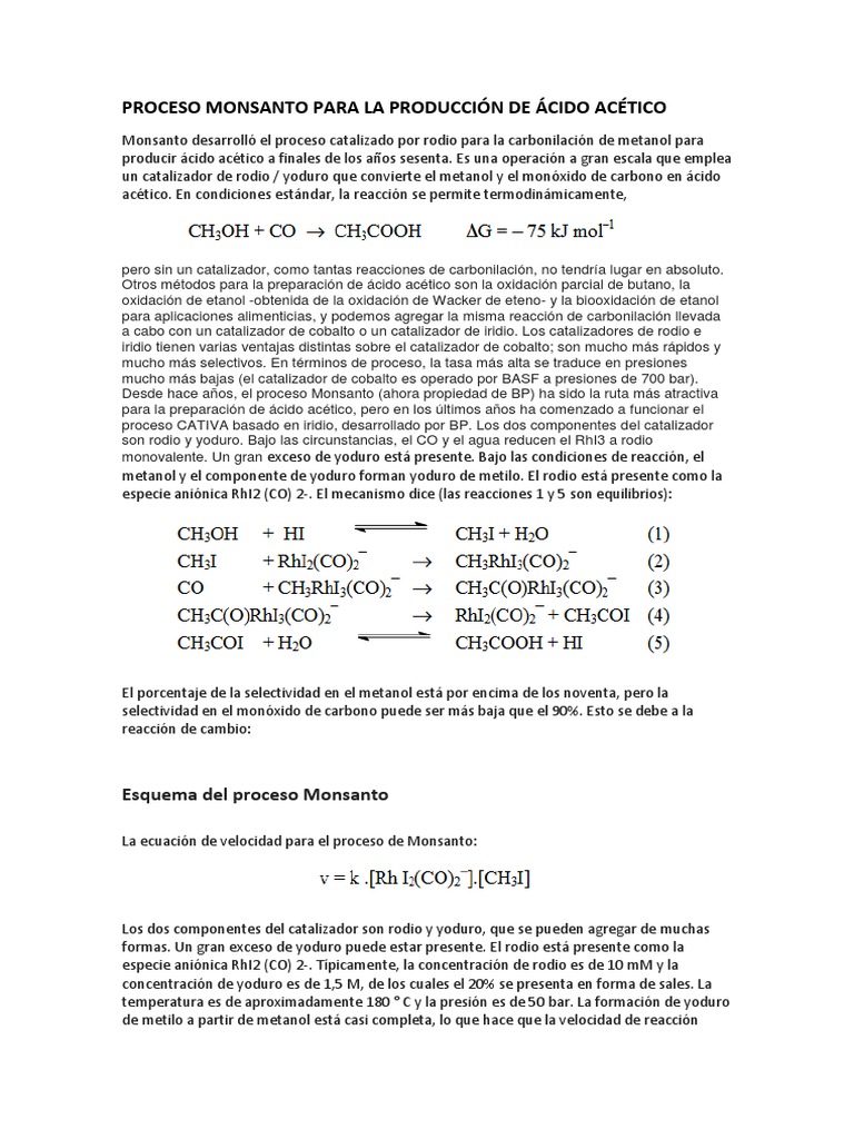 Proceso Monsanto Cat. Homogenea | PDF | Ácido acético | Catálisis