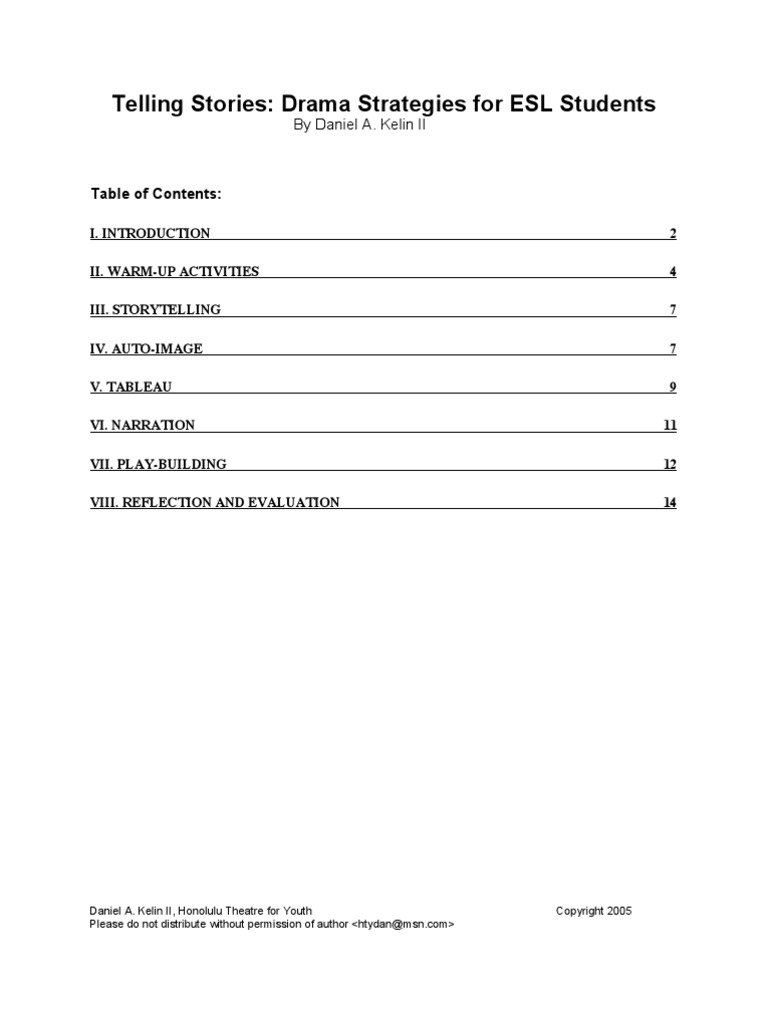 Telling Stories: Drama Strategies For ESL Students: Table of Contents ...