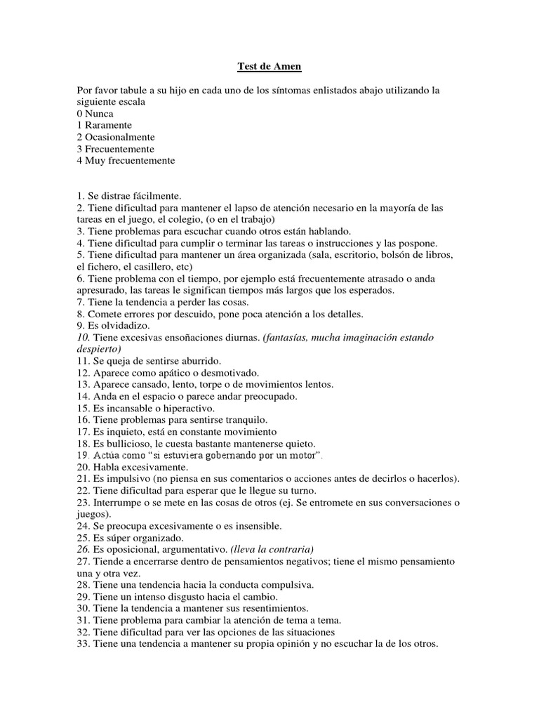 Test de Amen | PDF | Desorden hiperactivo y deficit de atencion | Sicología