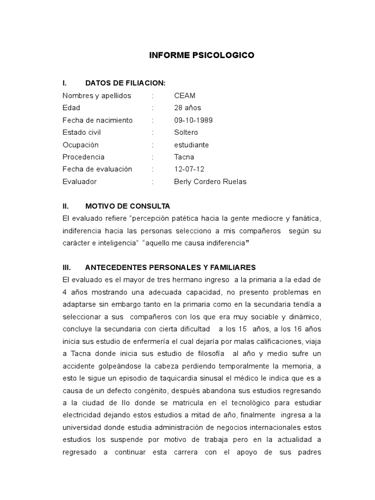 Modelo de Informe Psicologico | PDF | Percepción | Memoria