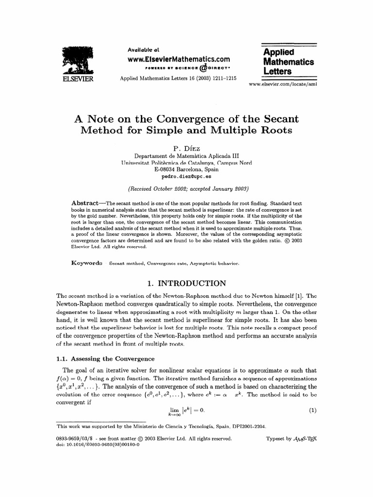 A Note On The Convergence of The Secant Method For Simple and Multiple ...