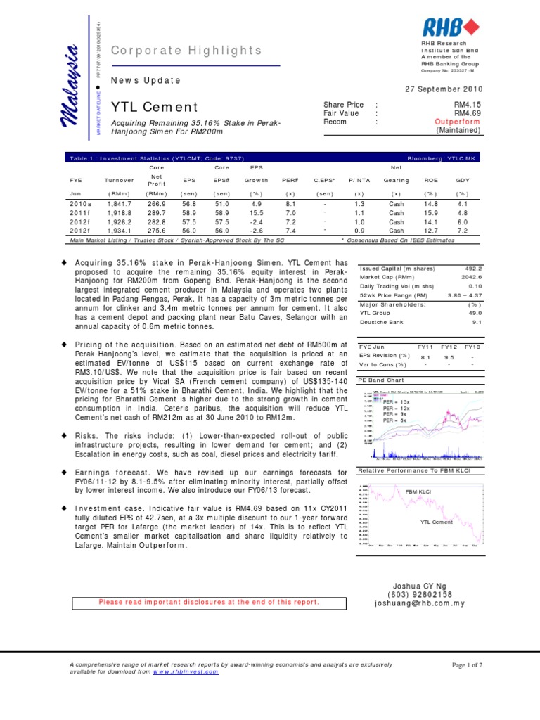 YTL Cement Berhad: Acquiring Remaining 35.16% Stake in Perak - Hanjoong ...