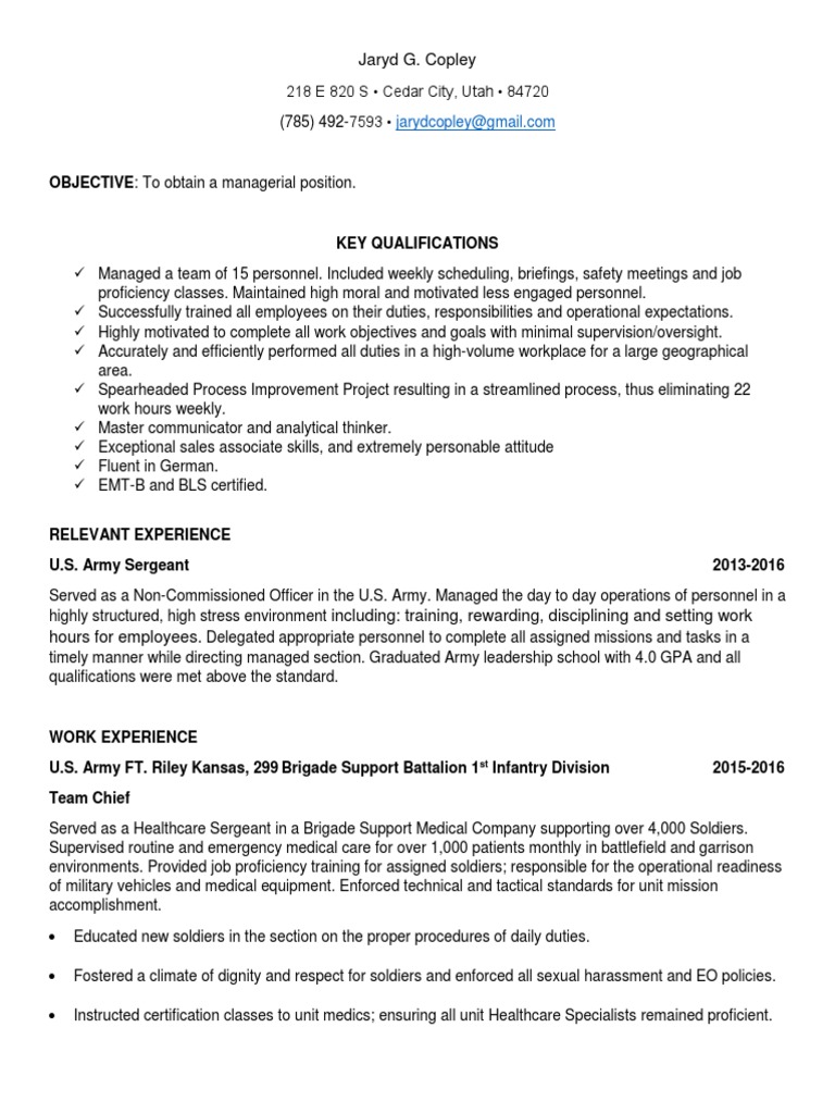 Jaryd Copley Resume | Download Free PDF | United States Army | Sergeant