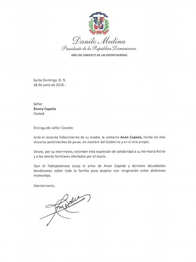 Carta de Condolencias Del Presidente Danilo Medina A Bonny Cepeda Por ...