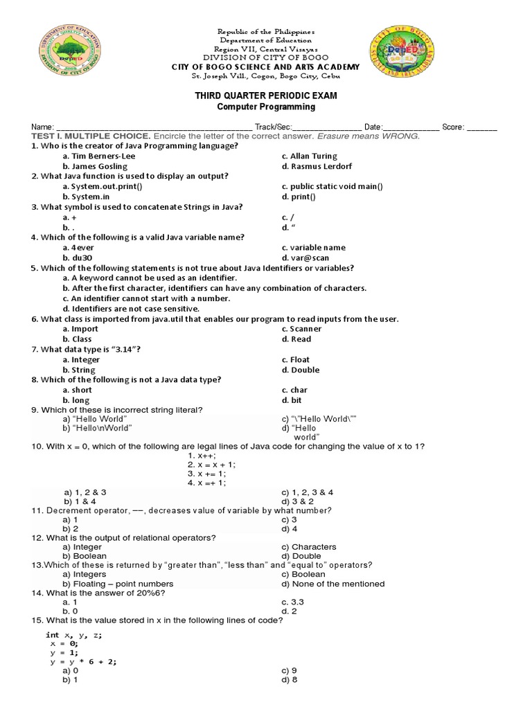 Java Programming 3rd Quarter Pdf C Programming Language Boolean Data Type