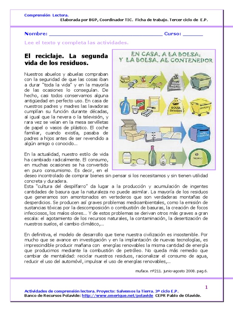 Actividades de Comprensión Lectora: Reciclaje | PDF | Residuos ...