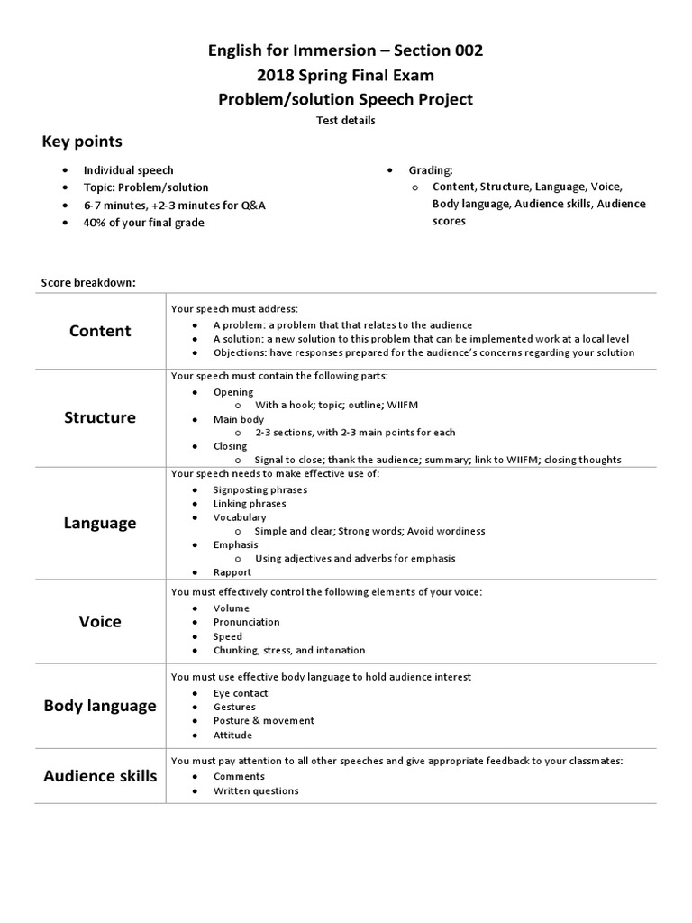 English For Immersion - Section 002 2018 Spring Final Exam Problem ...