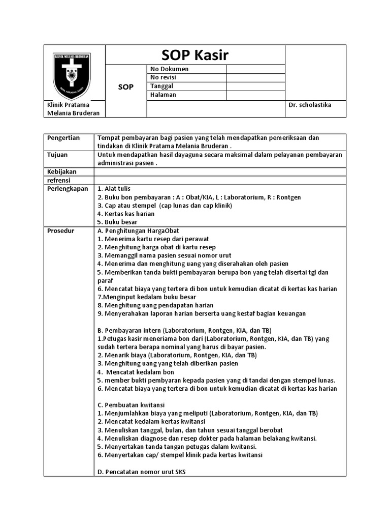 SOP Pelayanan Unit Kasir | PDF