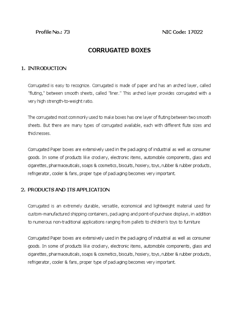 Corrugated Boxes: Profile No.: 73 NIC Code: 17022 | PDF | Paper ...
