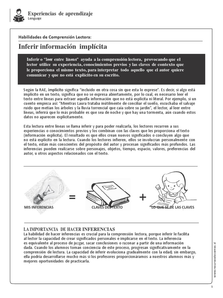 Hoja De Trabajo De Inferencia Y Comprensión Lectora