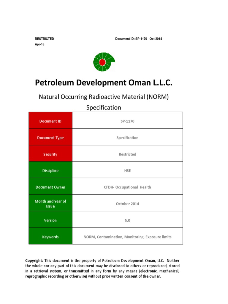 SP-1170 - HSE Specification - Naturally Occuring Radioactive Materials ... SP-1170 - HSE Specification - Naturally Occuring Radioactive Materials ...