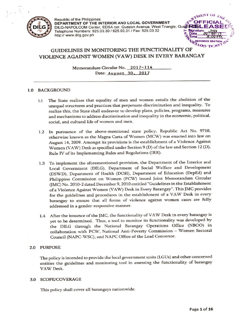 DILG MC 2017-114 VAW Desk Functionality | PDF