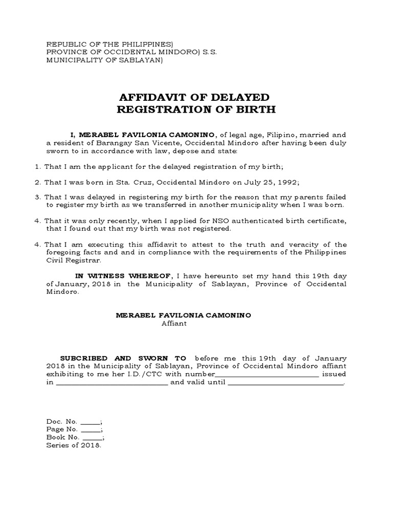 Affidavit of Late Registration of Birth Favilonia | PDF