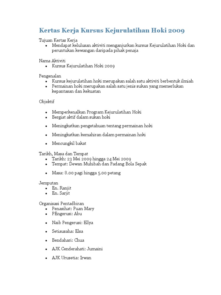Kertas Kerja Kursus Kejurulatihan Hoki 2009 | PDF | Karier & Perkembangan