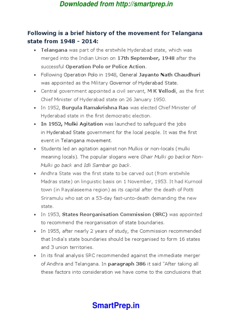 A Brief History of The Telangana Movement For Seperate State From 1948 ...