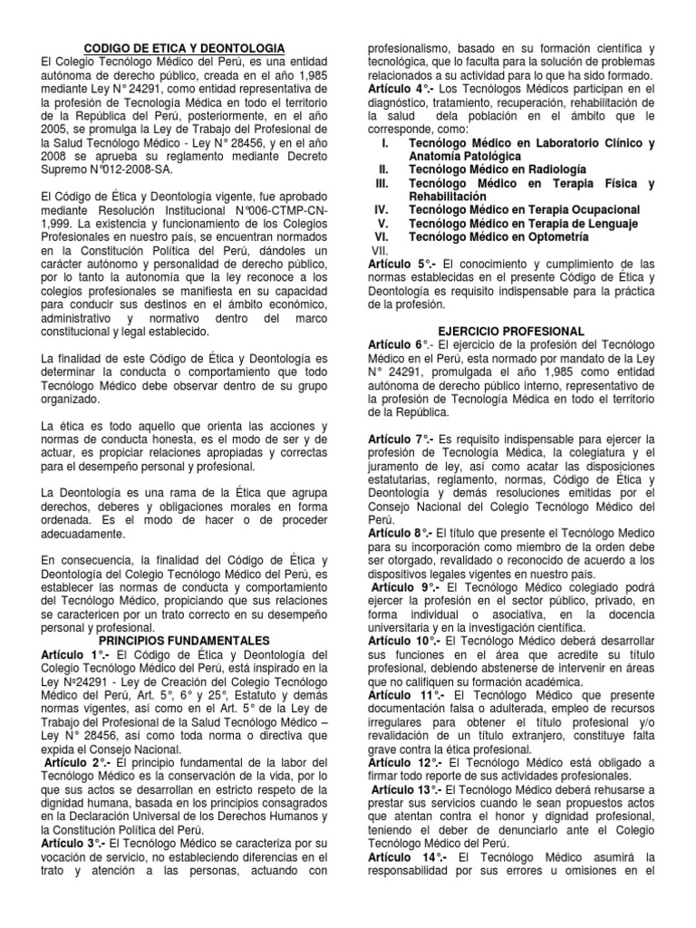 Codigo de Etica - Colegio Tecnologo Medico | PDF | Radiación ionizante ...
